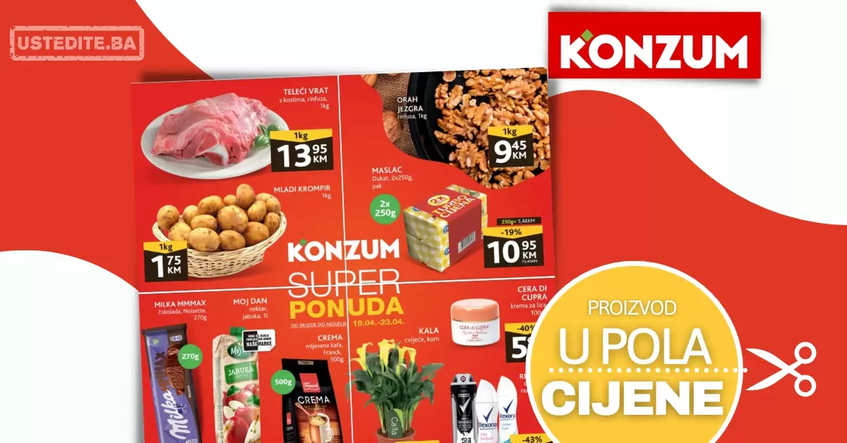 Konzum vikend akcija ⇢ PROIZVOD U POLA CIJENE 19-23.4.2023. - ustedite.ba