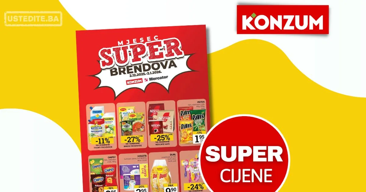 Konzum akcija MJESEC SUPER BRENDOVA sniženje do 2.1.2026. - ustedite.ba